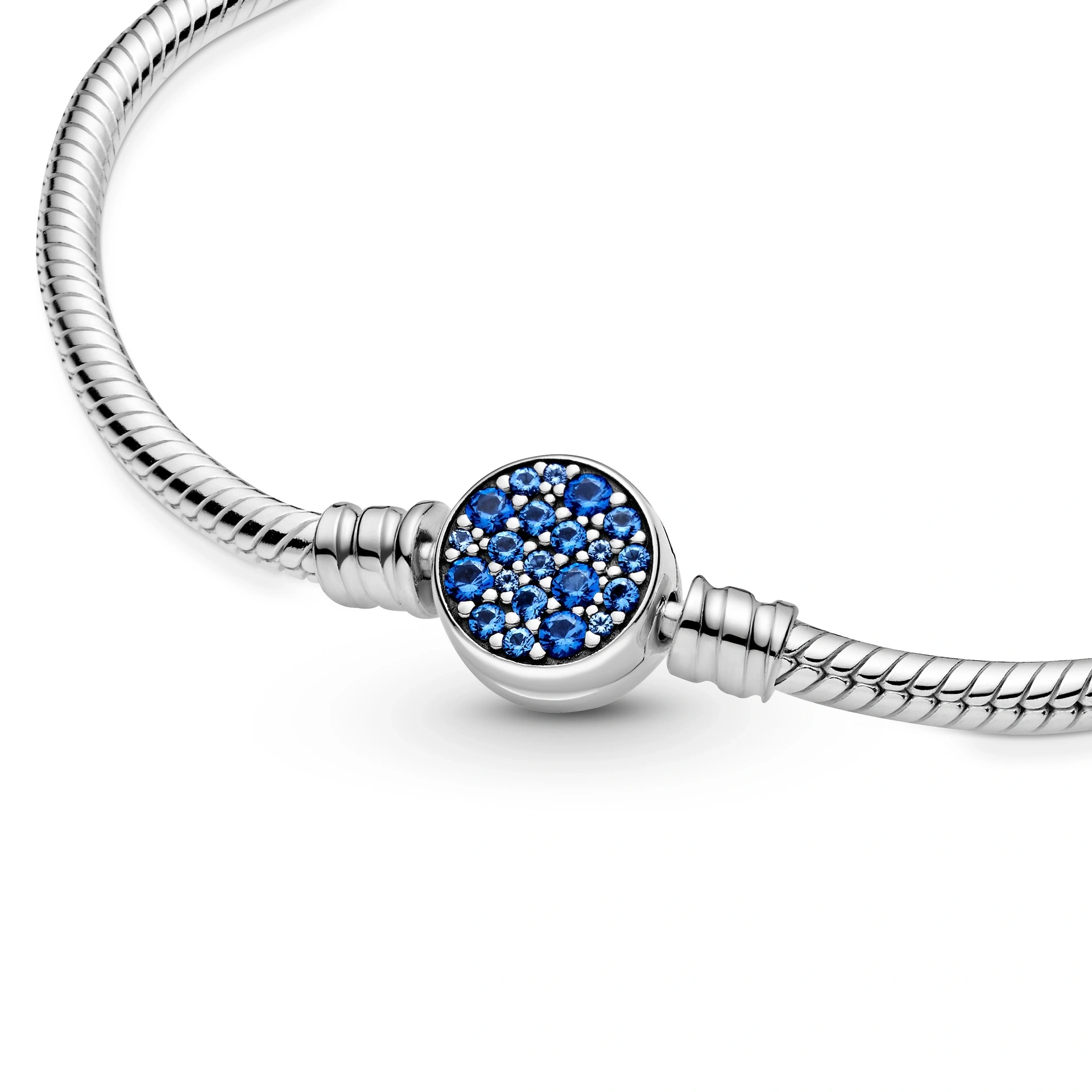 PANDORA MOMENTS SPARKLING BLUE DISC CLASP SNAKE CHAIN BRACELET • ONESHOP