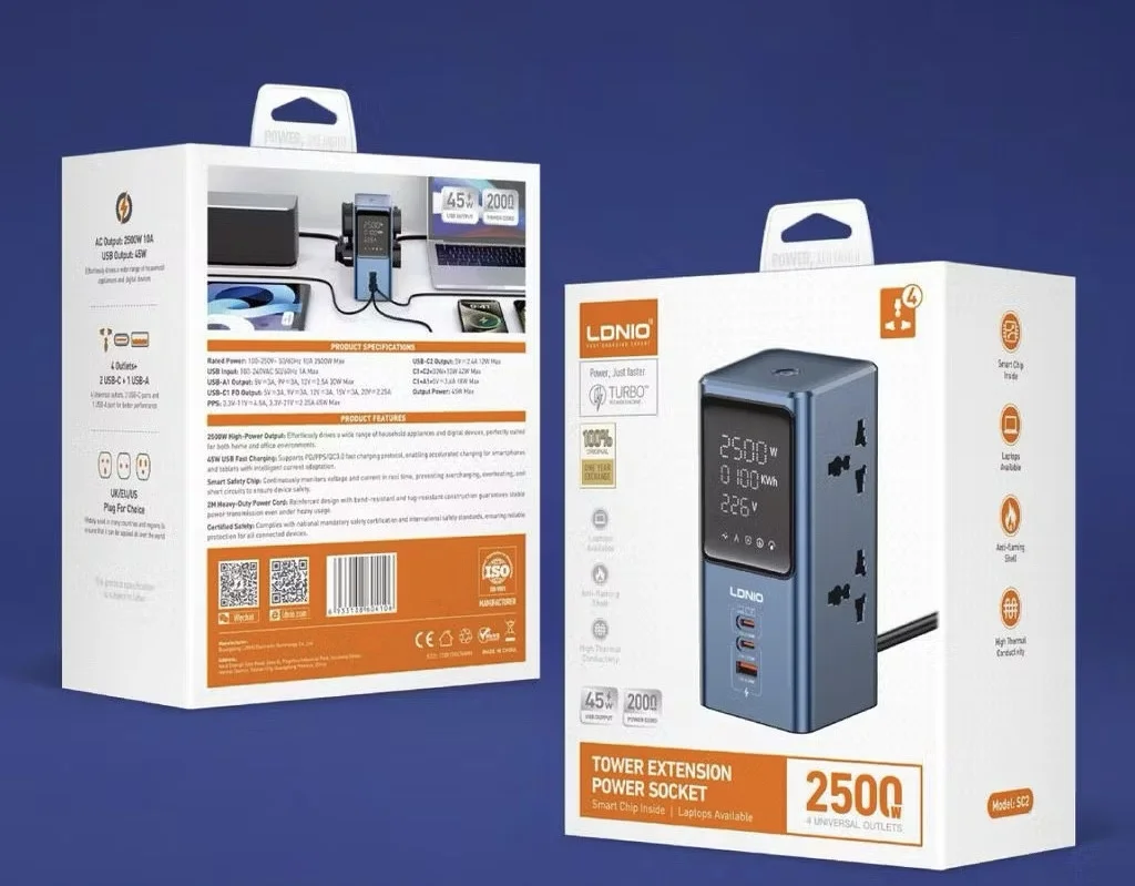 LDNIO SC2 45W PD Desktop Power Strip 2500W 4 Universal Outlets Power ...