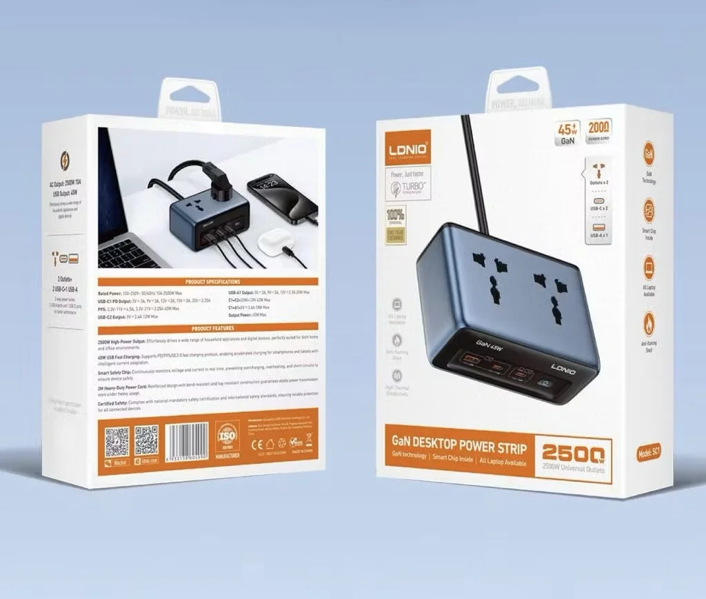 LDNIO SC1 45W PD GaN Desktop Power Strip 2500W 2 Universal Outlets ...